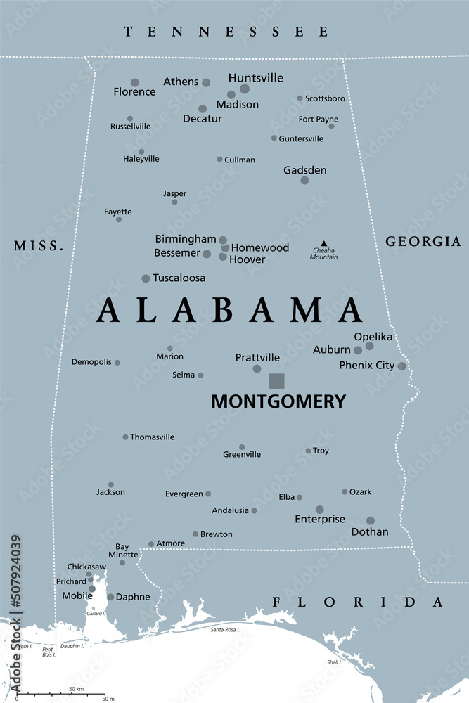 Alabama, AL, gray political map, with capital Montgomery, large and ...