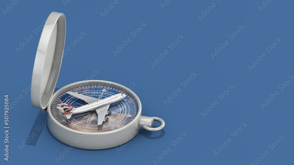 3D creative composition of a passenger plane as pointer on a compass as ...