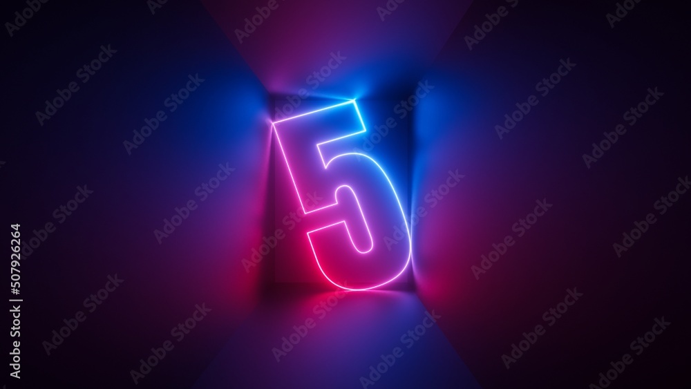 3d render, pink blue neon number five, digital symbol inside square box ...