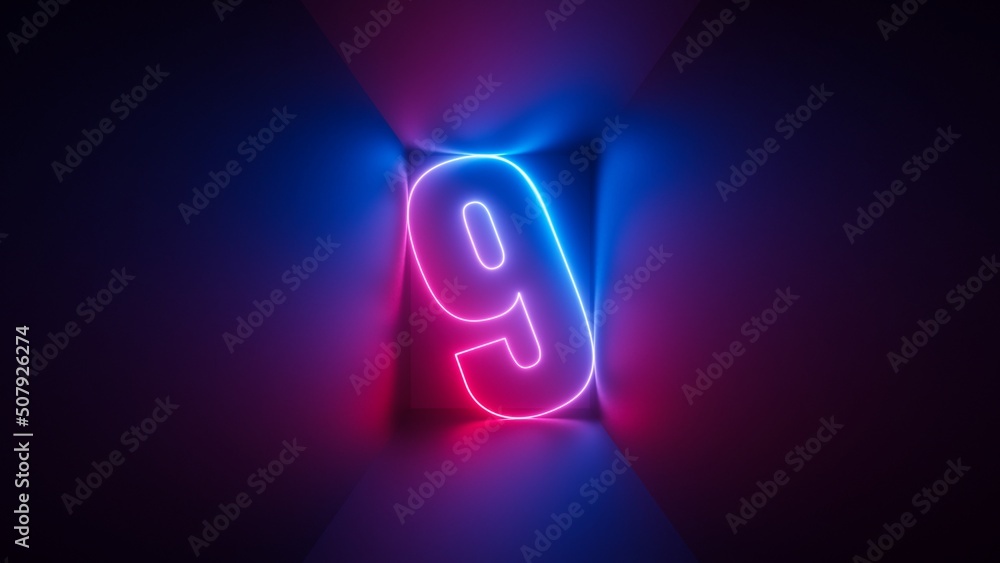 3d render, pink blue neon number nine, digital symbol inside square box ...