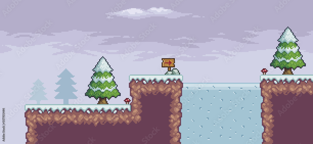 Pixel art game scene in snow with pine trees, frozen lake, wooden board and clouds 8bit ...