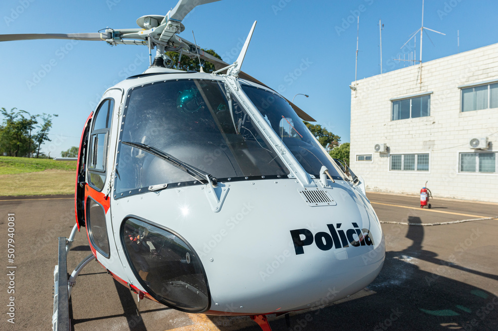 Bauru, Brazil. May 24, 2022: Front view of the helicopter model AS350 ...