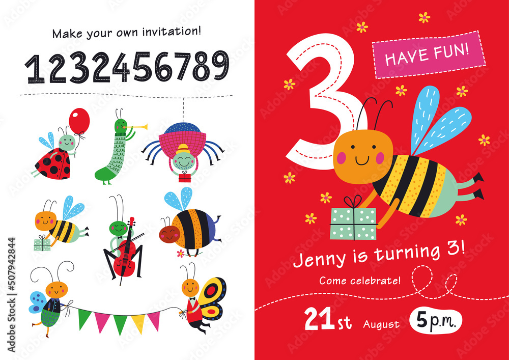 Birthday invitation. Collection of cute insects and numbers in childish ...