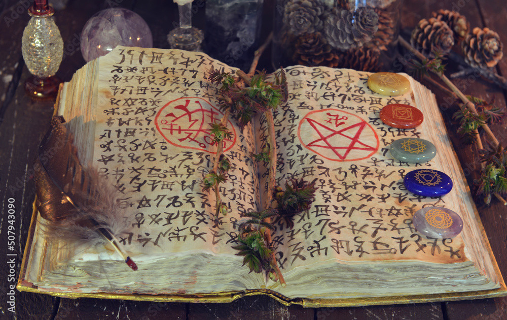 Wicca, esoteric and occult still life with vintage magic objects and ...