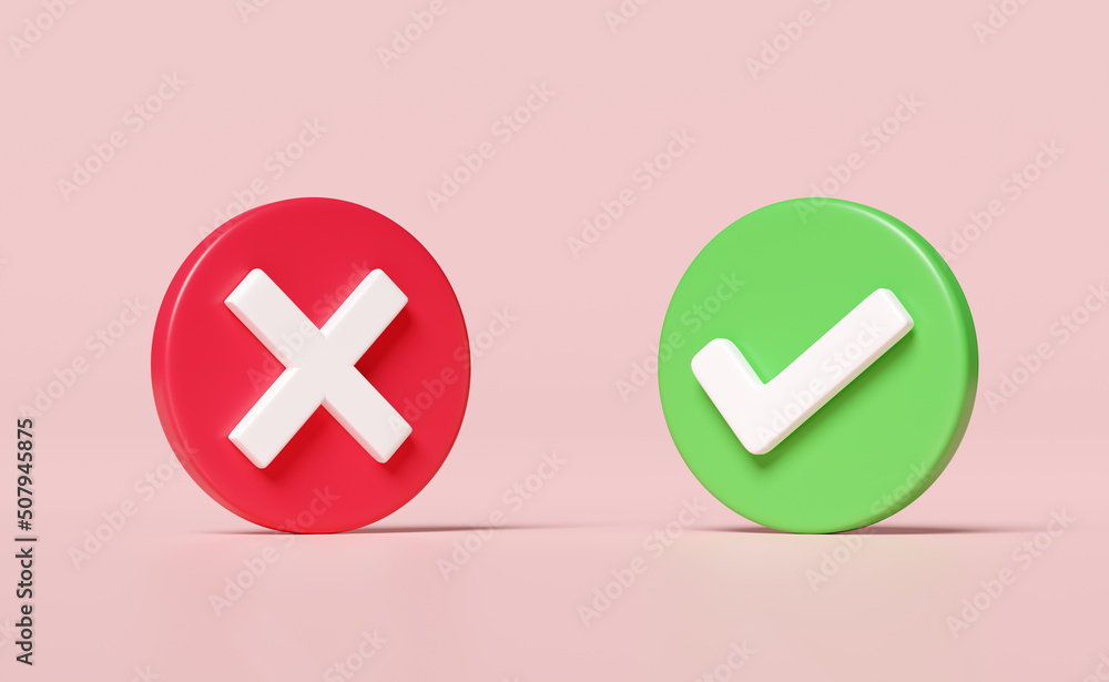 3d cross check mark icon isolated on pink background. tick marks ...