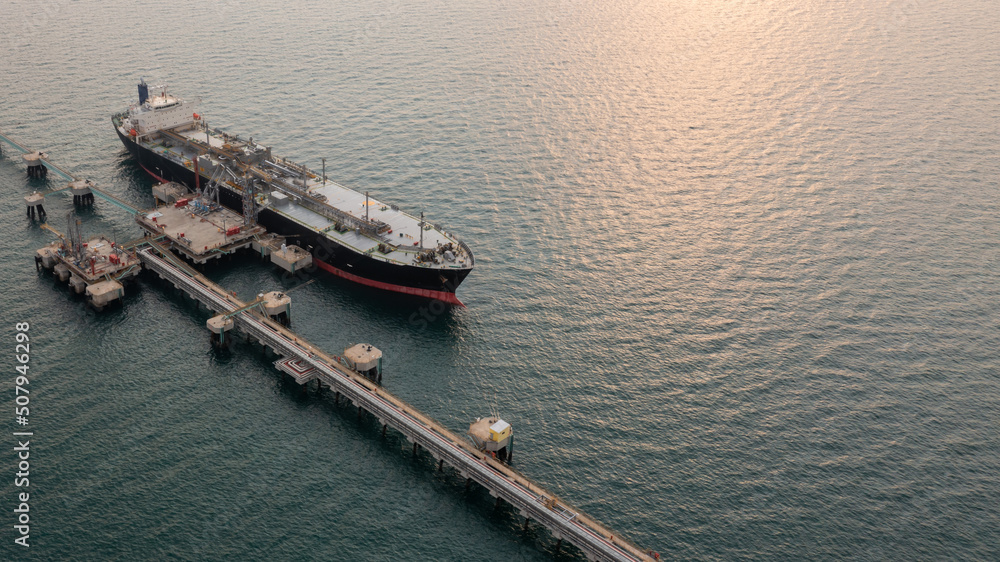 Aerial view petrochemical tanker park offshore at oil terminal ...
