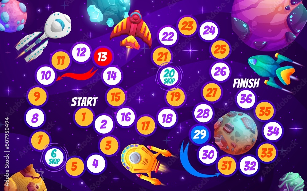 Kids board game, cartoon universe galaxy stars, rockets and spaceships ...