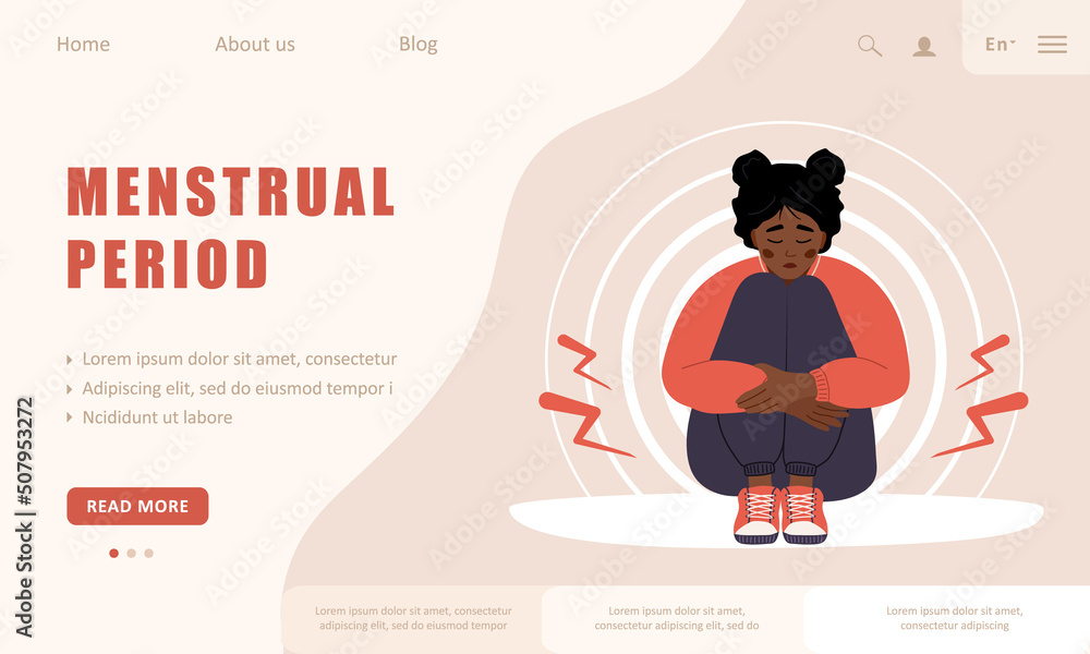 Menstrual period. Landing page template. Sad african woman with ...