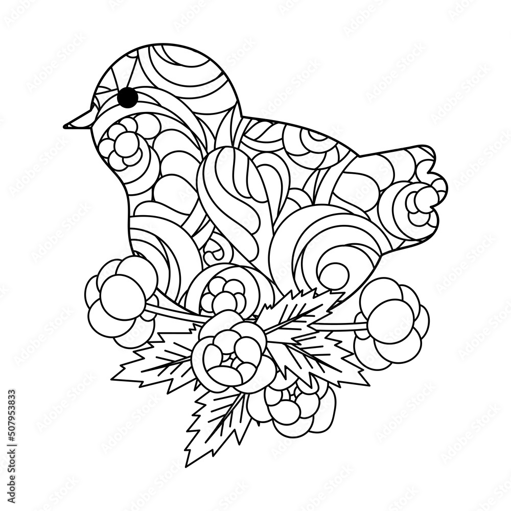 Cute bird, flowers, Coloring page. Hand drawn black and white vector ...
