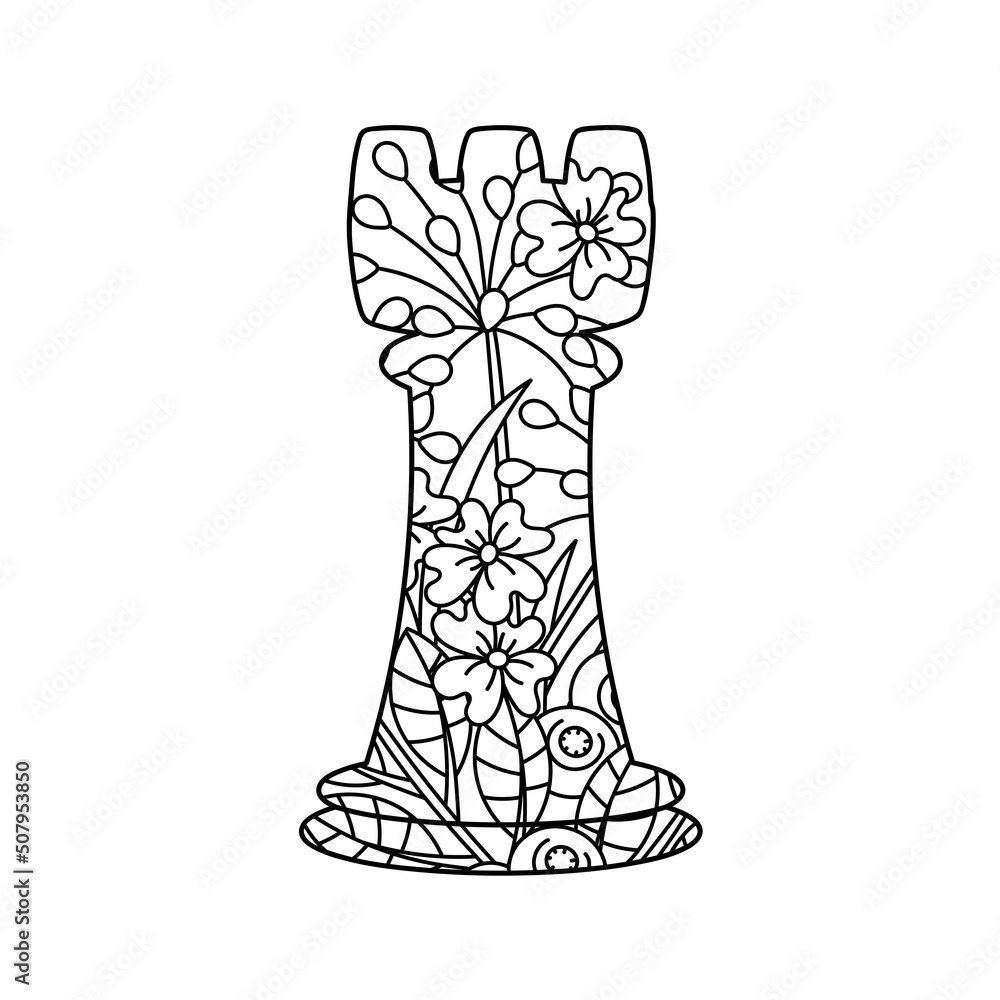 Chess coloring book page. The figure is decorated with a floral ...