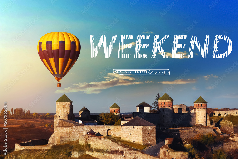 Weekend coming soon. Illustration of progress bar and beautiful view of ...