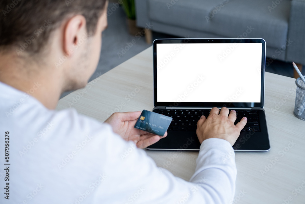 Bank payments. Casual man. Computer mockup. Unrecognizable guy sitting ...