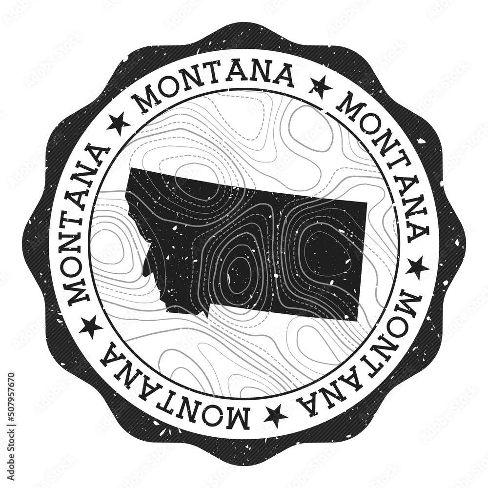 Montana outdoor stamp. Round sticker with map of us state with ...