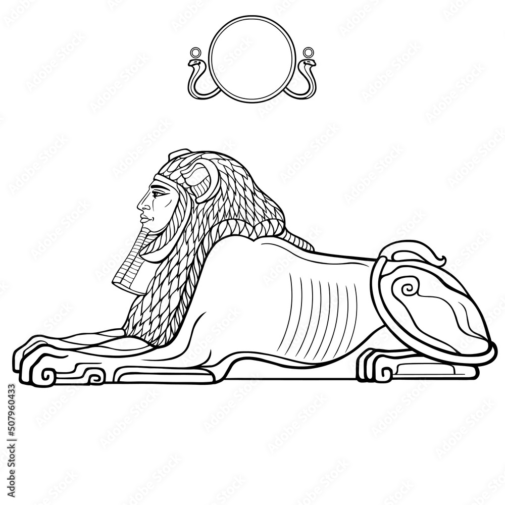Animation linear portrait: Egyptian sphinx body of a lion and the head ...
