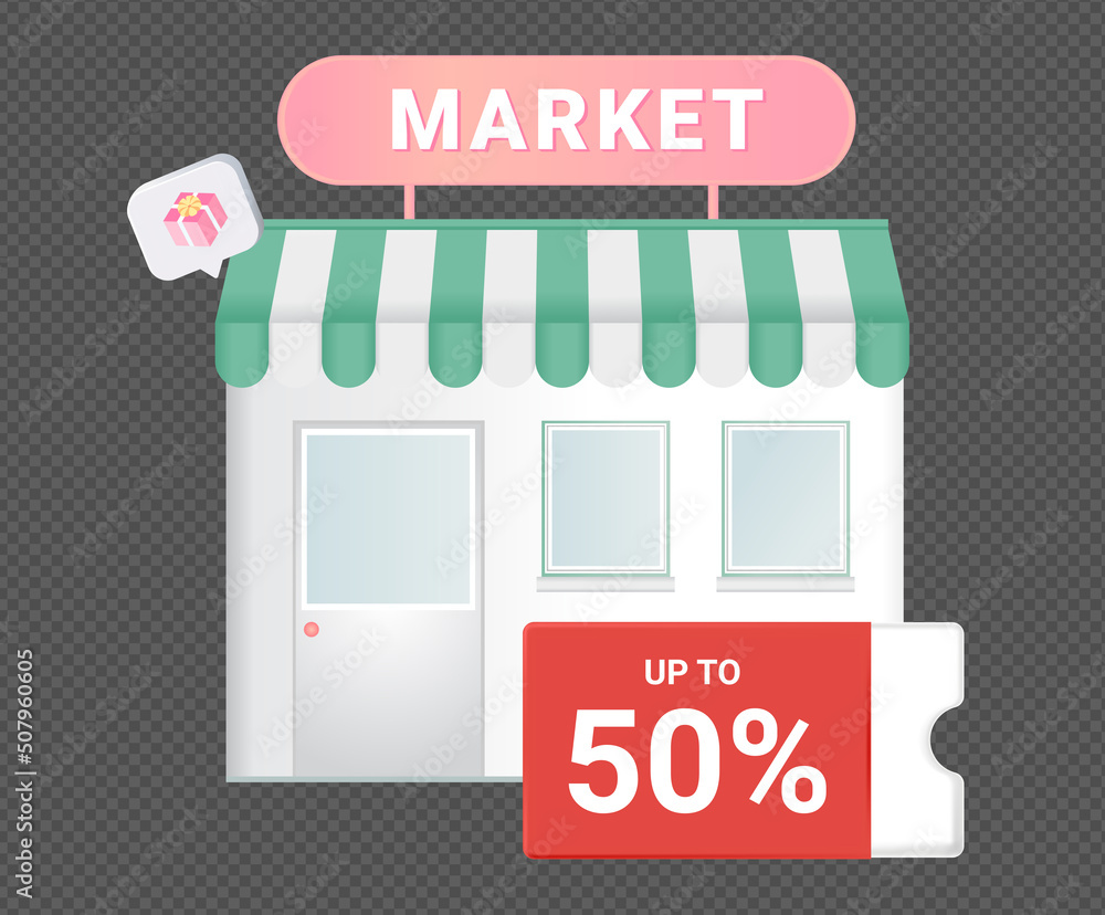 50% discount coupon event at the market illustration set. Store, gift ...