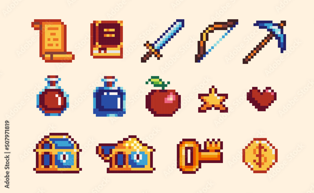 Different rpg elements pixel art set. Weapon, potion, treasure, scroll ...