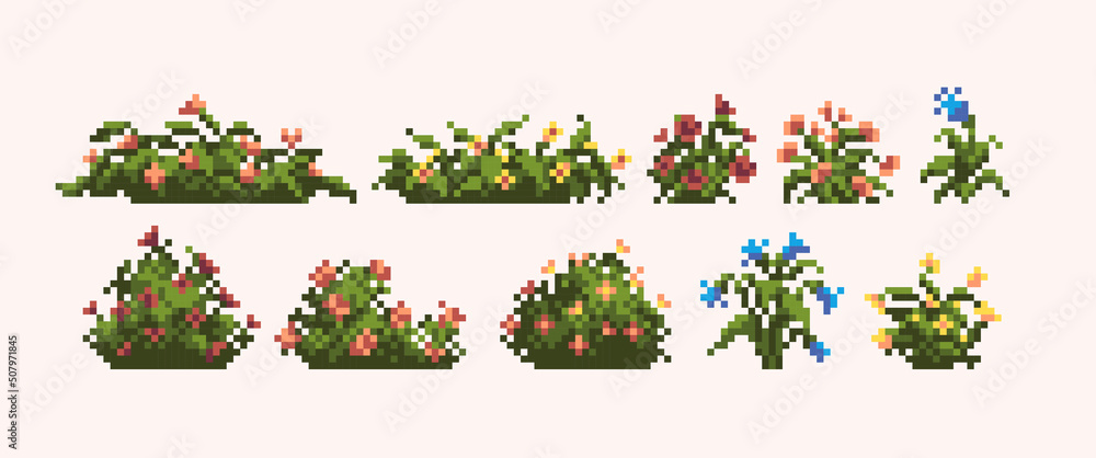 Vetor de Backyard bushes pixel art icon set. Tropical shrub, logo ...