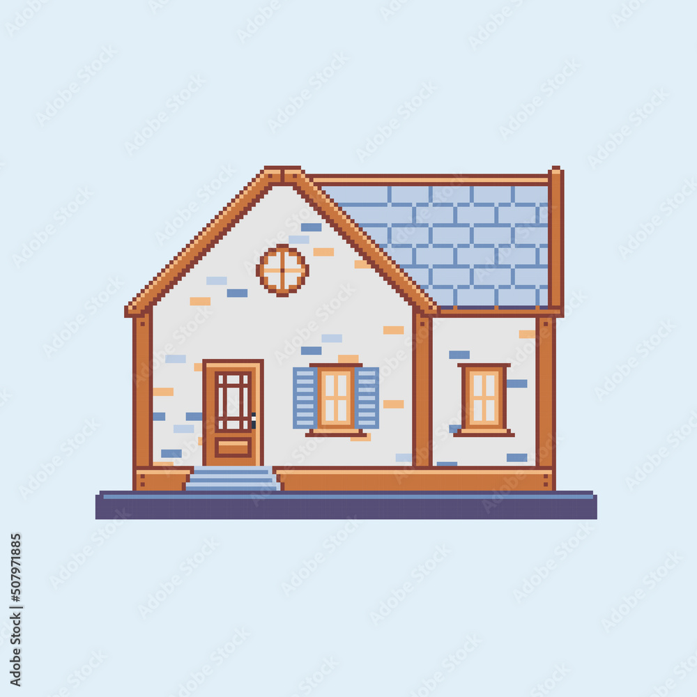 Brick house pixel art. Cottage front view 8 bit sprite. Game ...