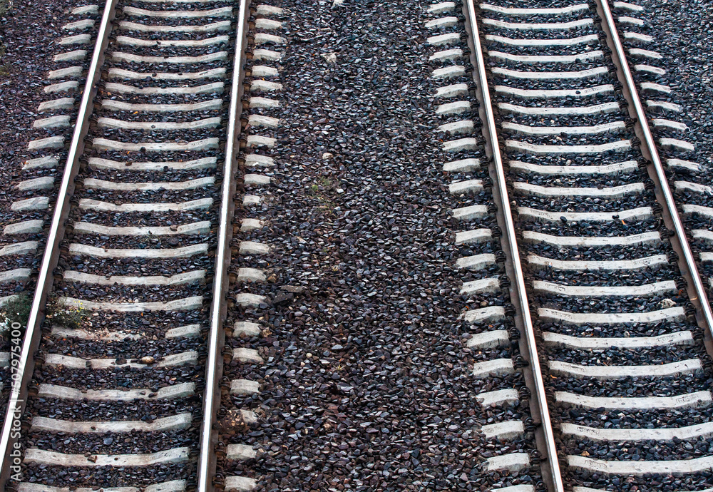 Parallel railroad tracks viewed from above. two ways. Stock Photo | Adobe Stock