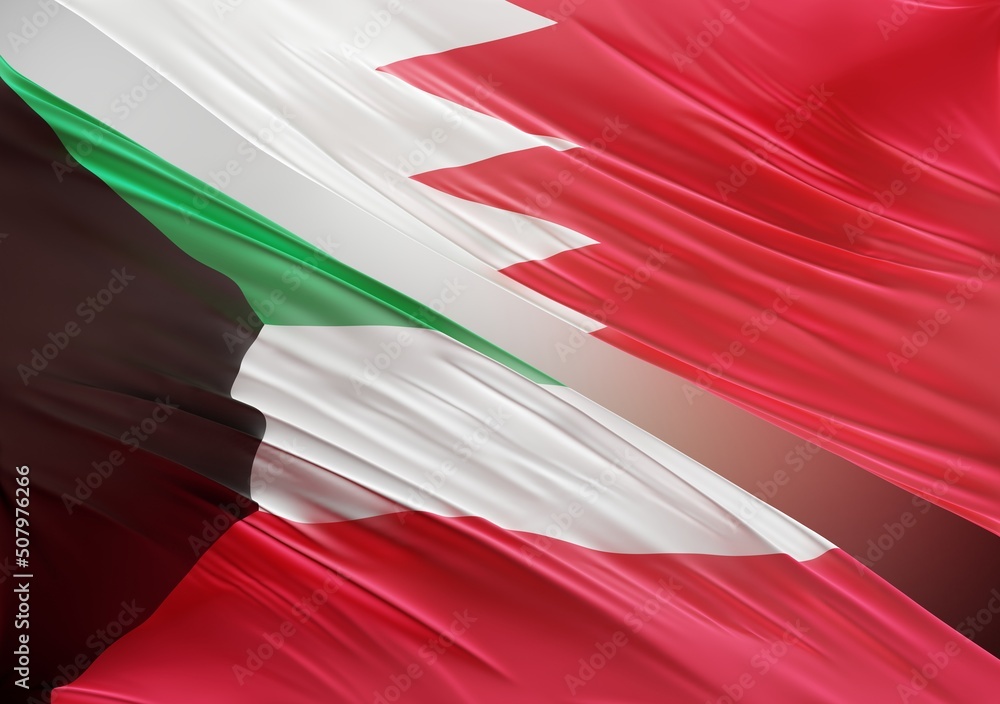 Bahrain Flag with Abstract Kuwait Flag Illustration 3D Rendering (3D ...
