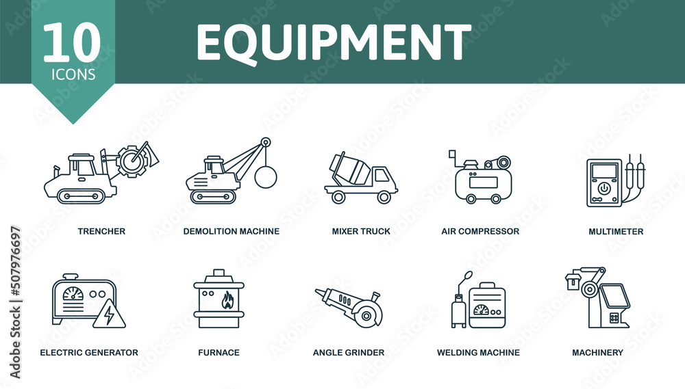 Equipment icon set. Contains editable icons machinery theme such as ...