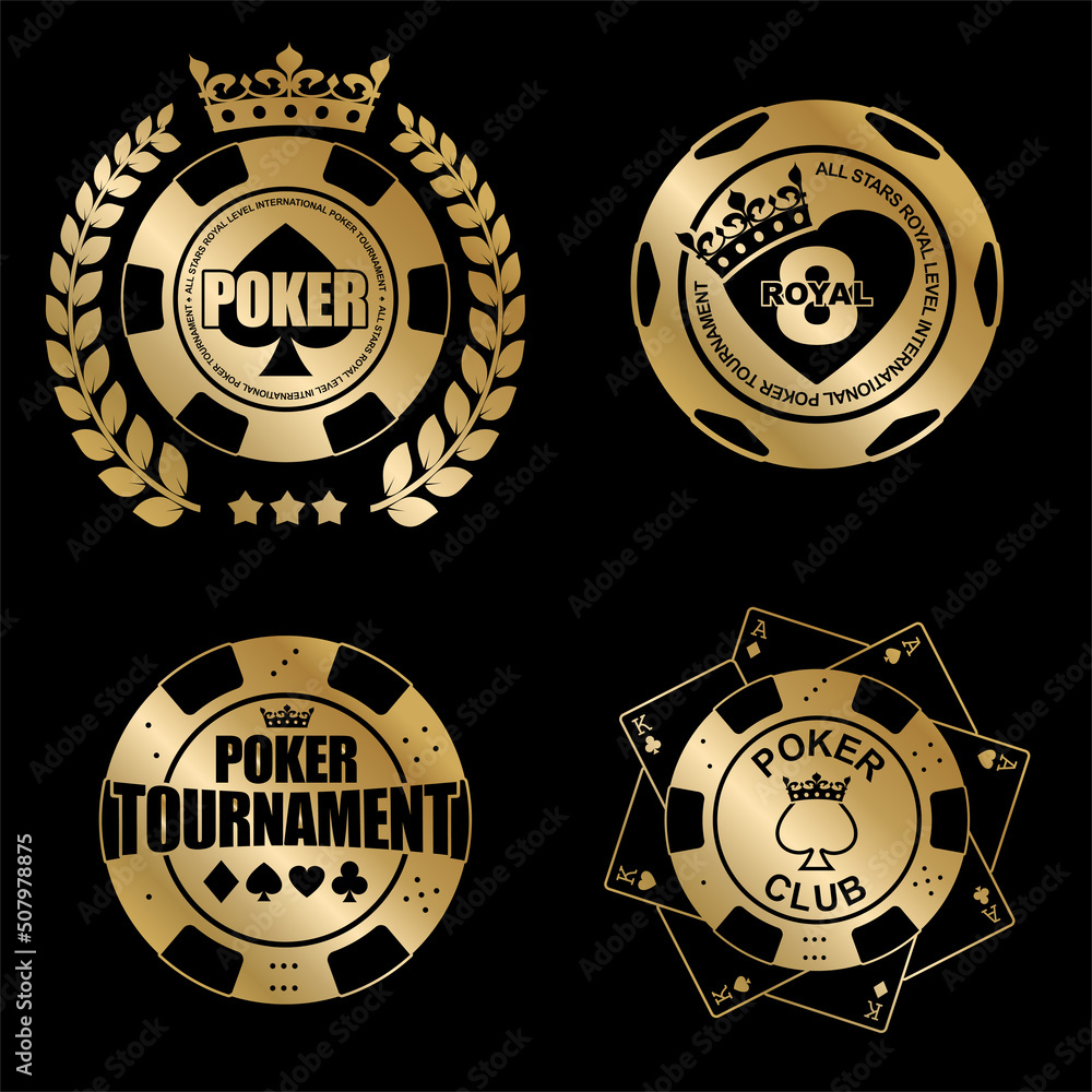 Golden poker club tournament emblem isolated monochrome logo on black ...