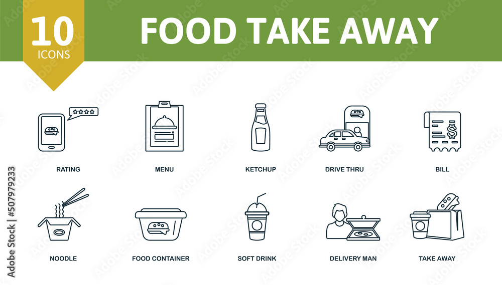 Food Take Away icon set. Contains editable icons take away theme such ...