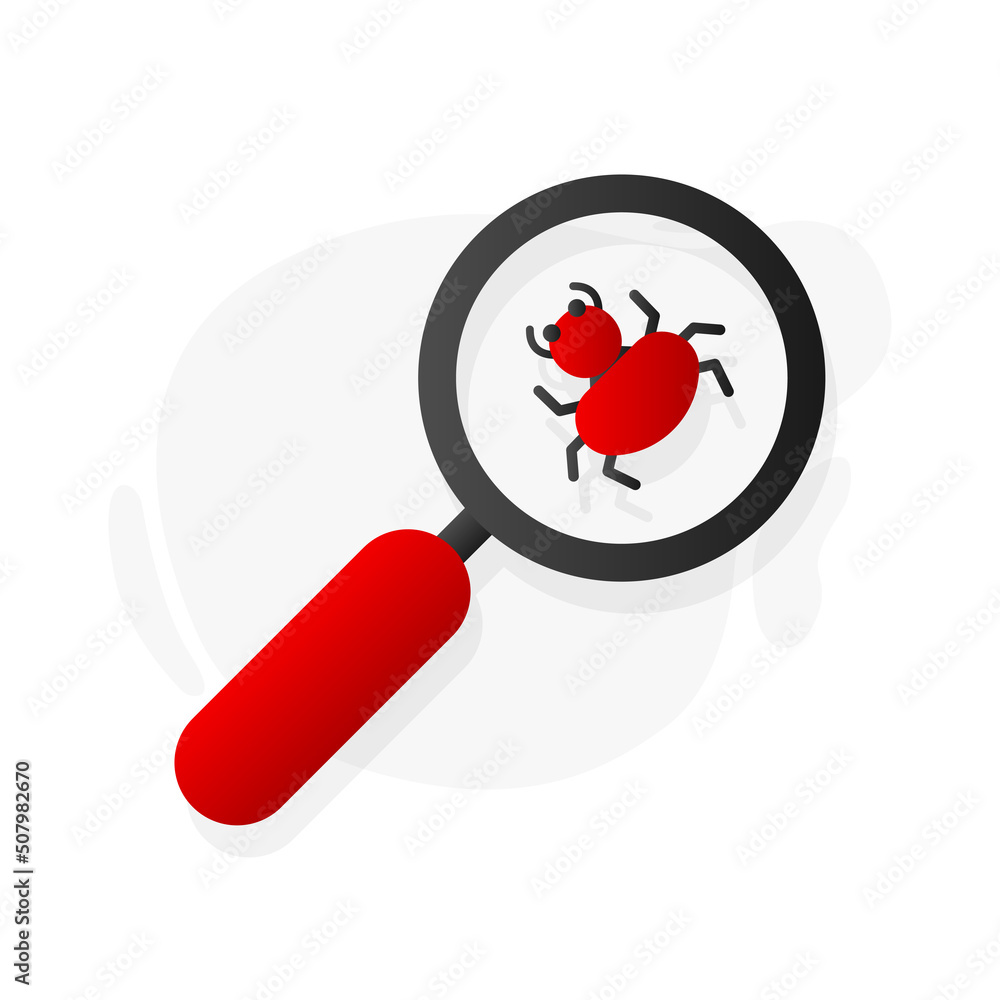 Magnifying glass scans a computer virus. Flat syle. Vector illustration ...