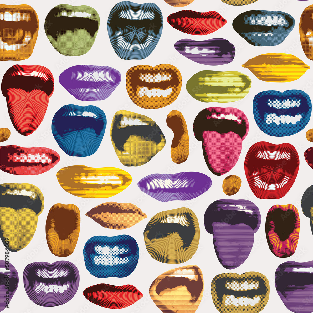 Seamless pattern with colored lips that smile and show tongue and white ...