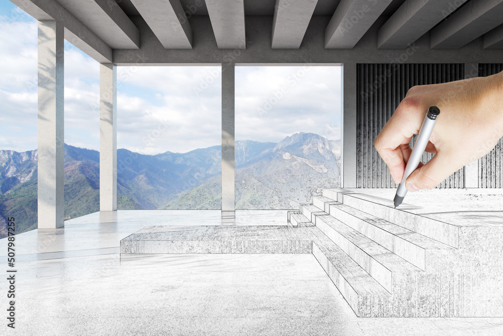 Hand drawn sketch of bright modern concrete terrace or balcony interior ...