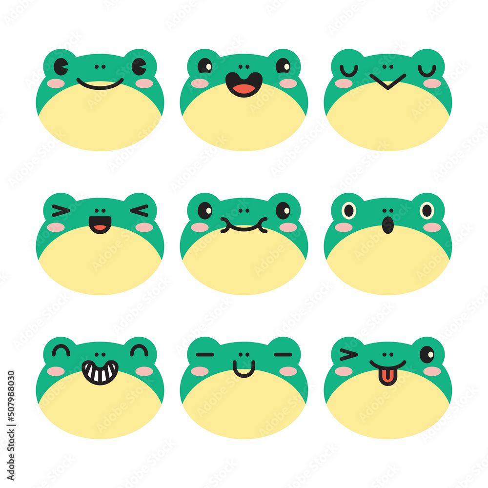 Set of various avatars of green frog facial expressions. Adorable cute ...