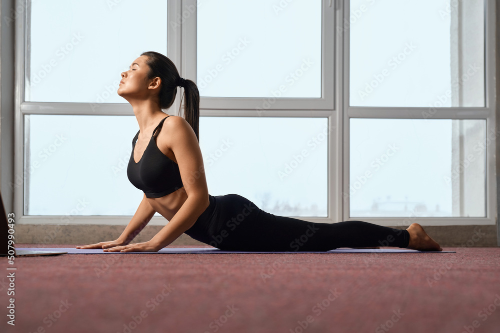 Side view of attractive woman stretched in upward dog pose of yoga ...