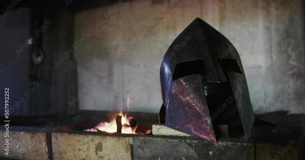 Front view of knight helmet mask for protection in battle. Steel, black ...