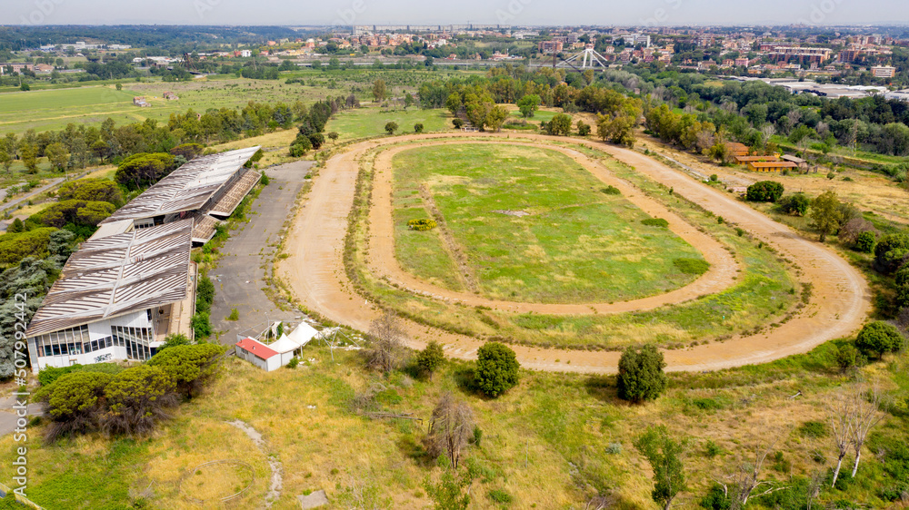 Aerial view of the hippodrome of Tor di Valle in Rome, Italy. This ...