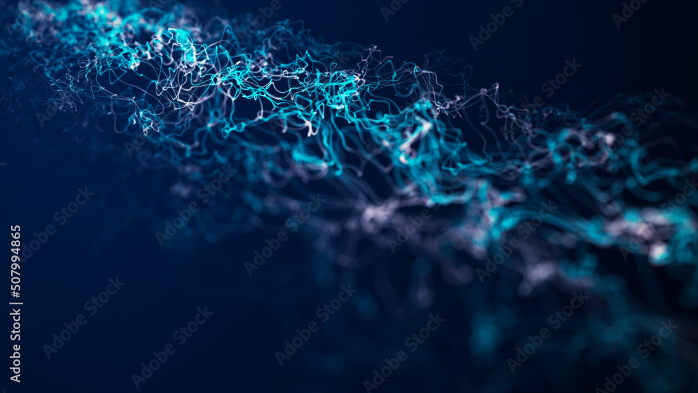 Abstract blue background with wave flow of particles. Futuristic blue ...