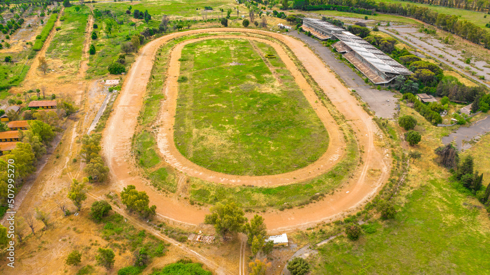 Aerial view of the hippodrome of Tor di Valle in Rome, Italy. This ...