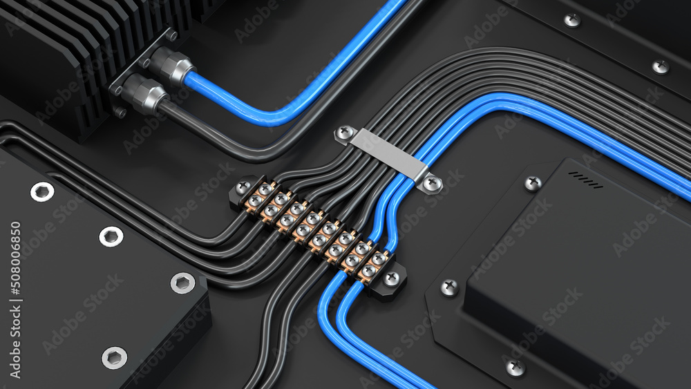 The concept of a dark background with elements of electrical parts. Terminal box with wires ...