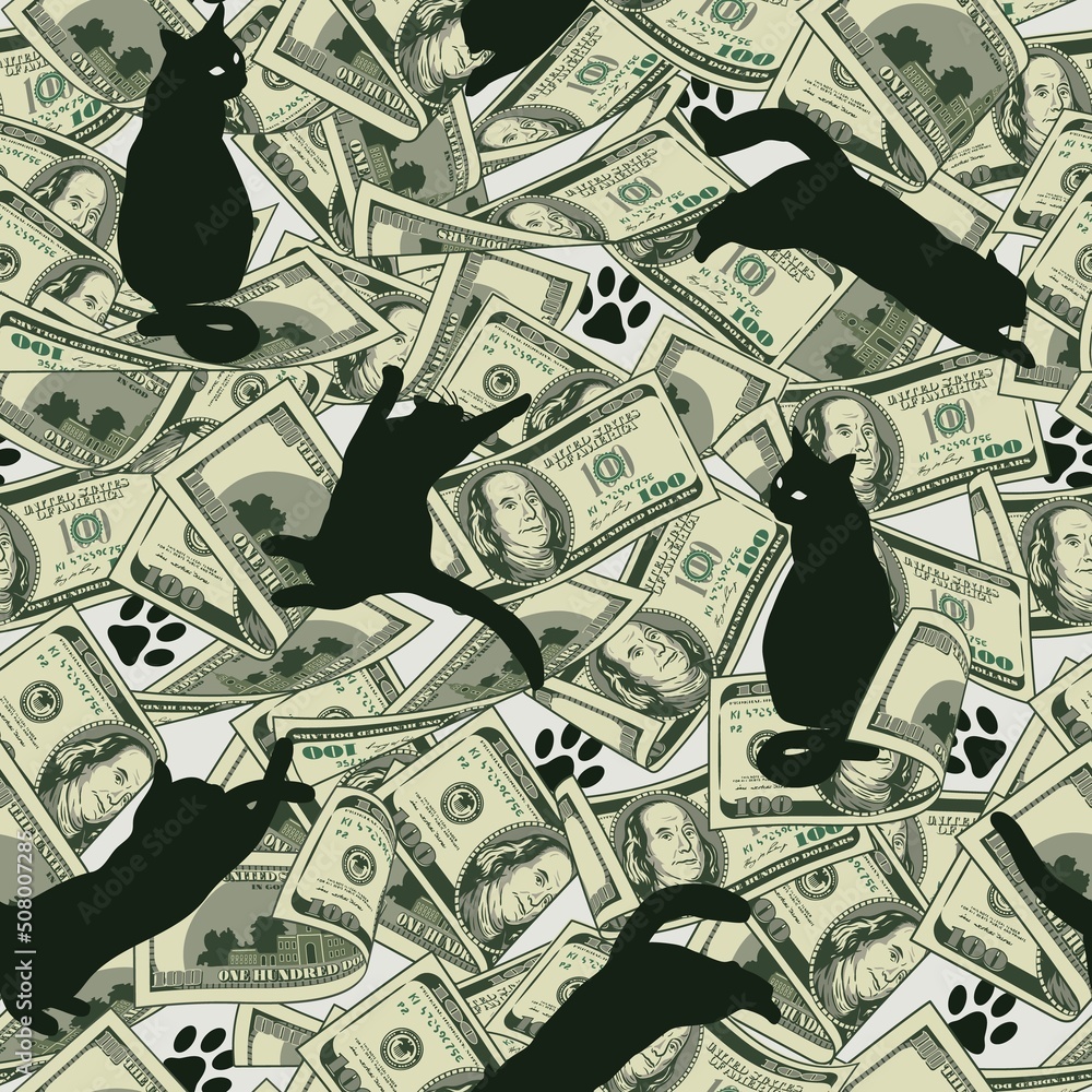 Money seamless pattern with lots dollar bills, black silhouettes of cat ...