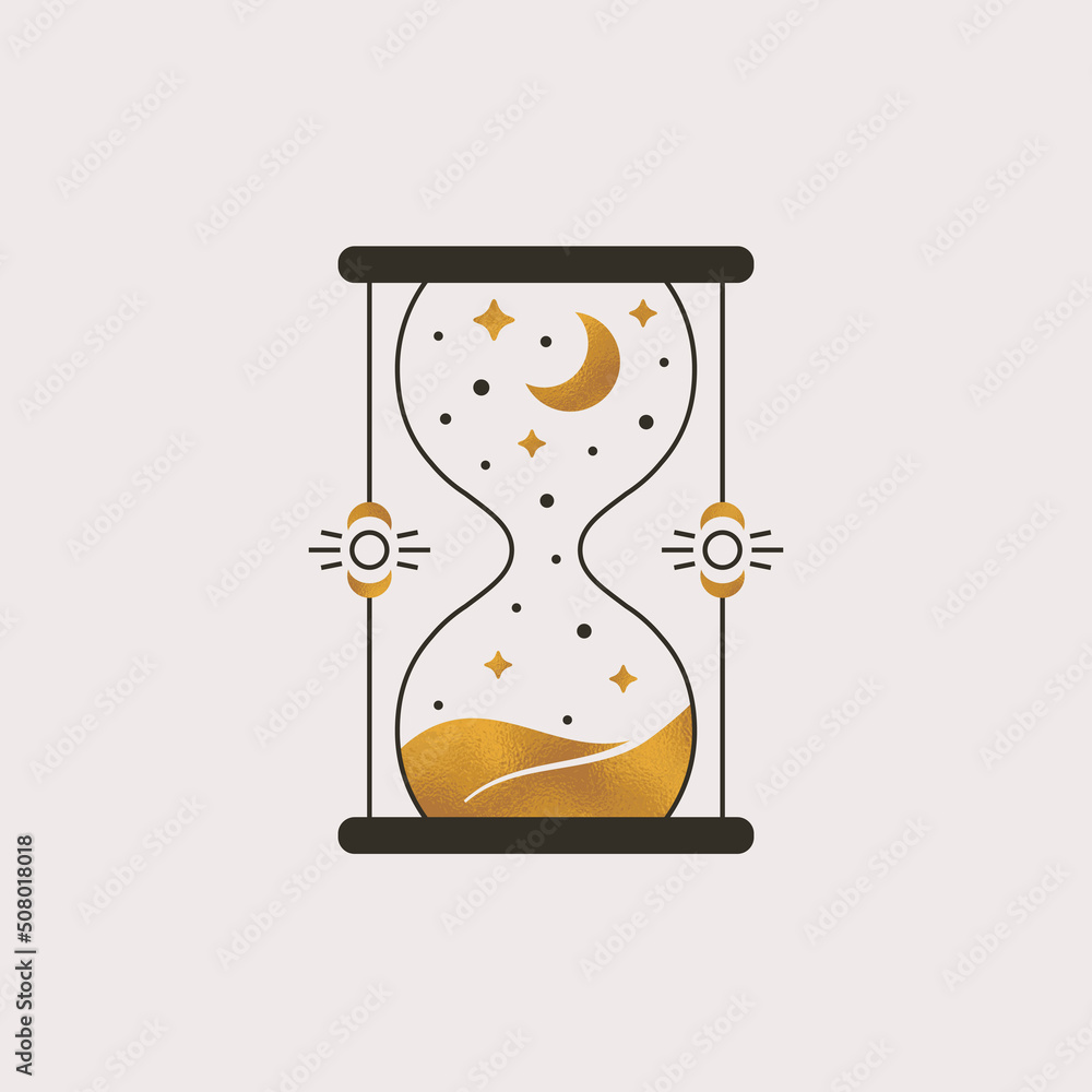Hourglass logo. Trendy boho illustration with sandglass, moon and stars ...