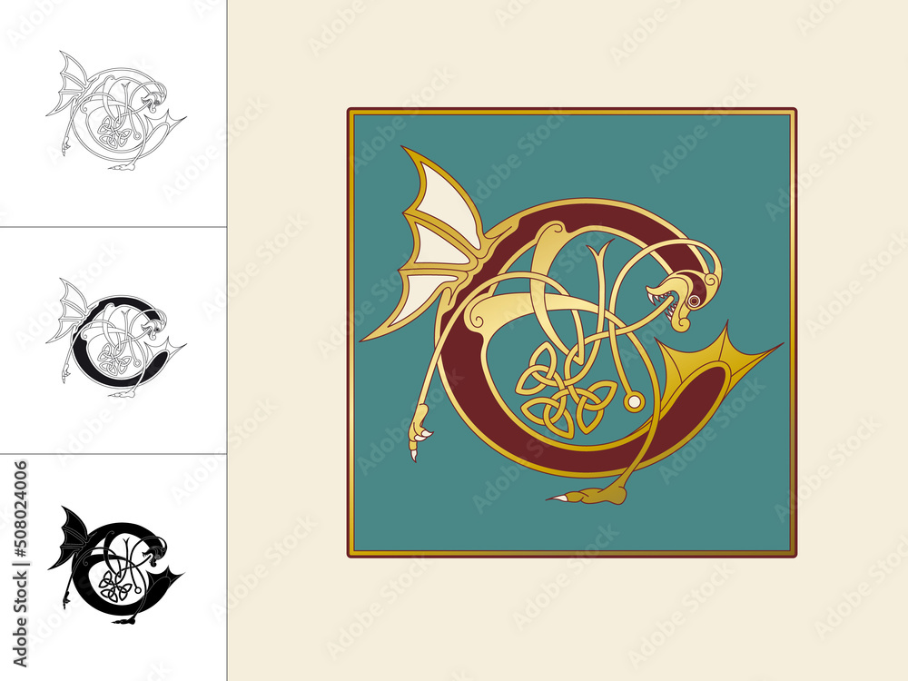 Medieval, Celtic Initial Letter C combining animal body parts from a ...