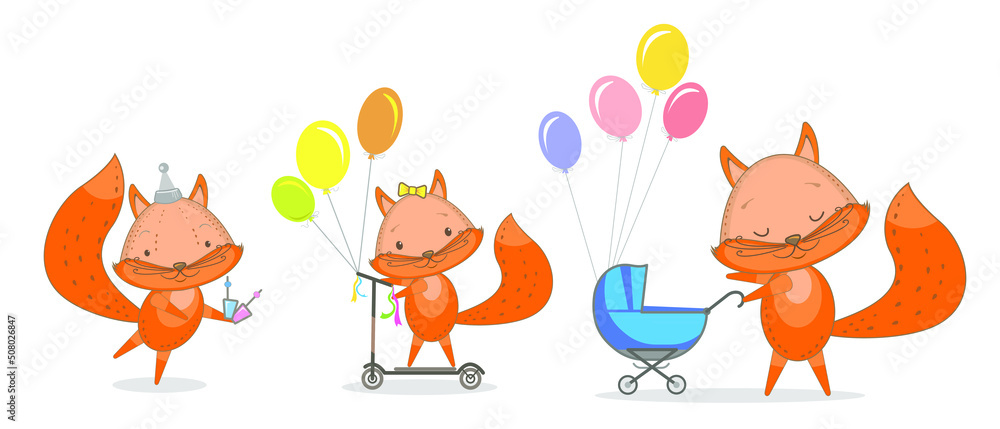 Funny animals, fox. Vector drawing in cartoon style, postcard, design ...