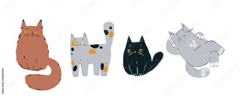 Cartoon cat set. Hand drawn cute cat. Rest and vacation. Watercolor ...