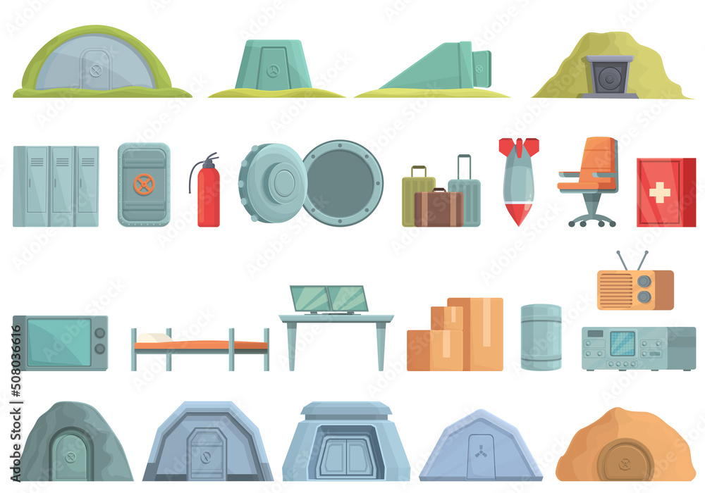 Bomb shelter icons set cartoon vector. Bunker bomb. Nuclear safe Stock ...