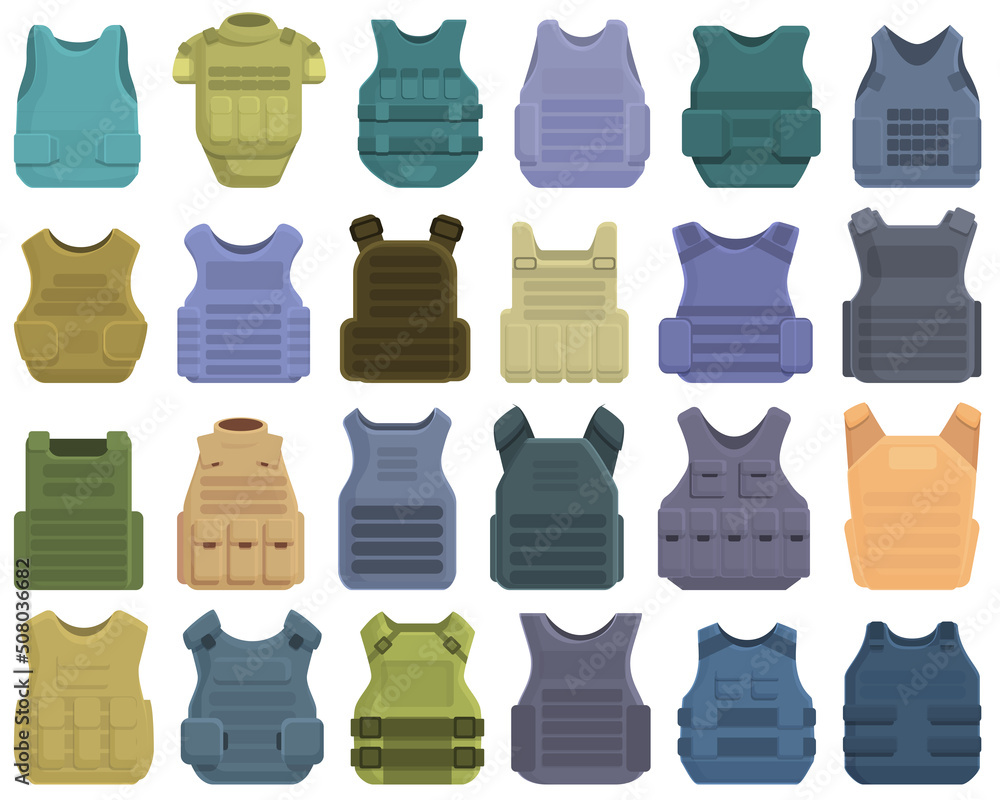 Bulletproof vest icons set cartoon vector. Armor body. Bodyguard vest ...