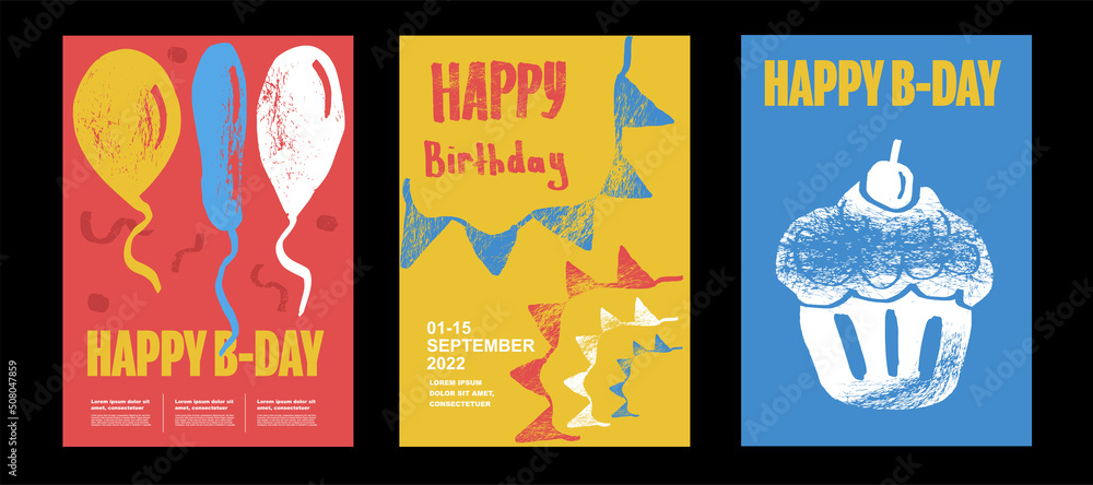 Birthday. Mega collection of posters with cake, balloon, candle, gift ...