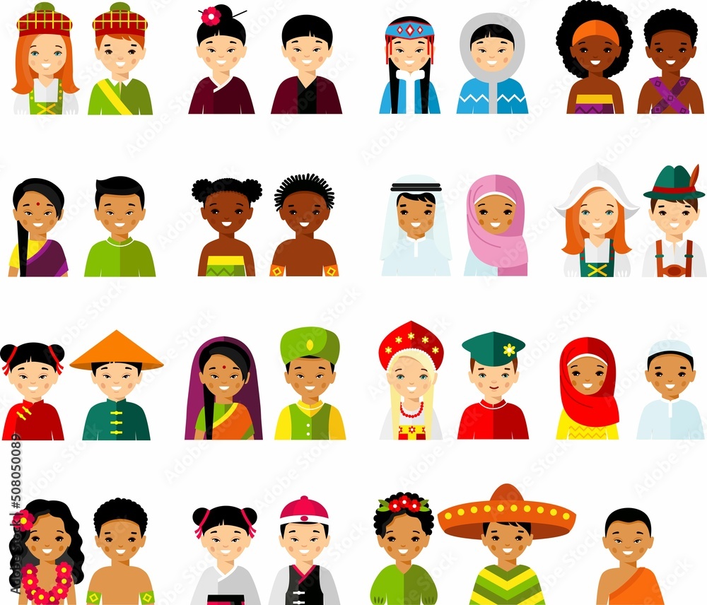 Avatar vector illustration of multicultural national children, people ...