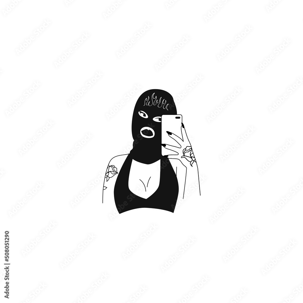 Woman wearing ski mask. Mirror selfie. Tattoo. Line art. Vector Stock ...