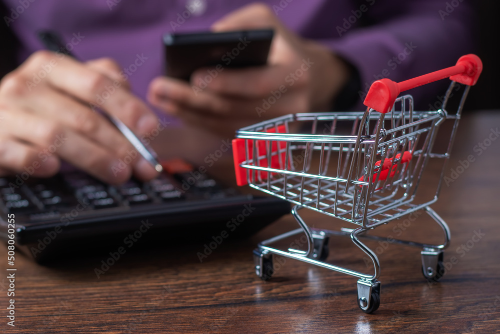 Online shopping concept. Small supermarket grocery push cart for ...