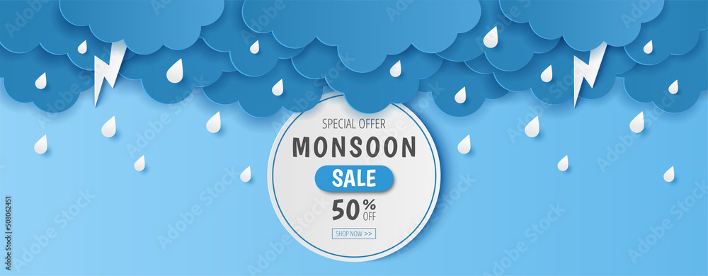 Paper cut of monsoon sale offer banner template with clouds, rain drop ...