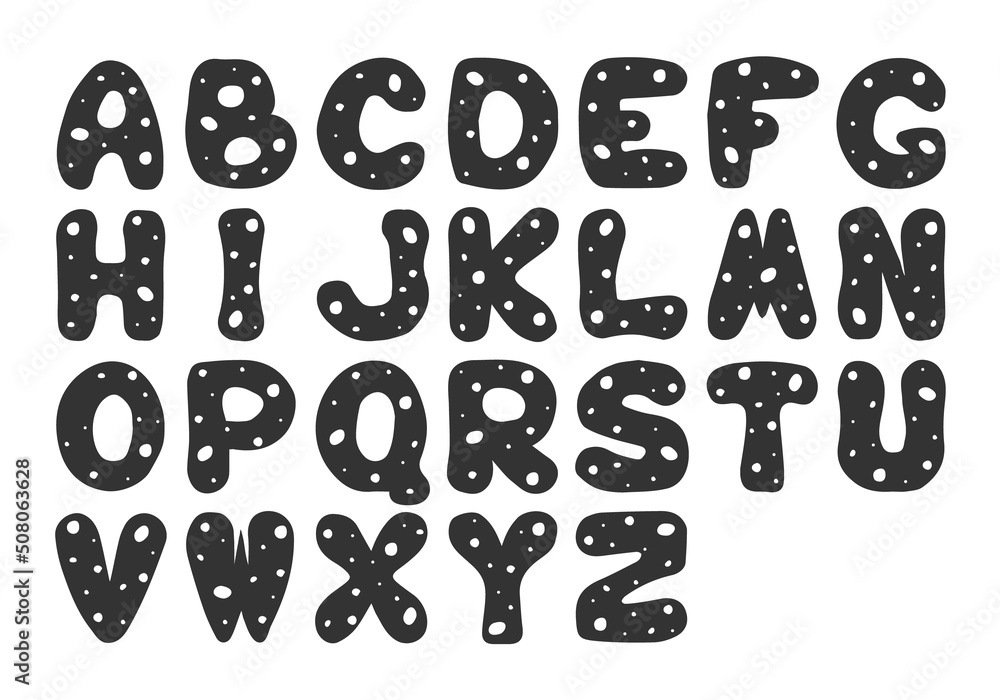 Cute black English alphabet with different holes in the letters. Hand ...